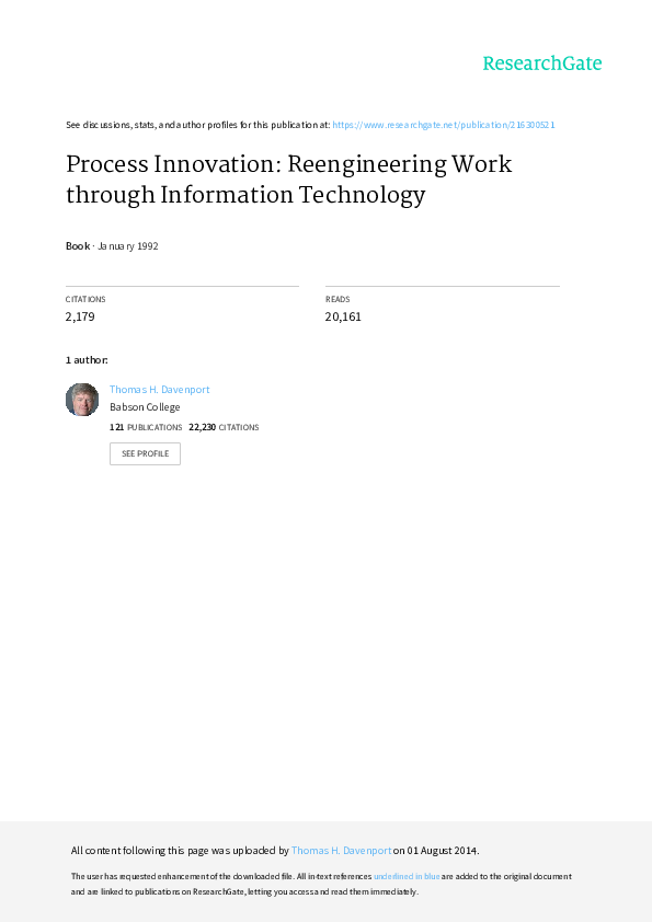(PDF) Process Innovation: Reengineering Work Through Information Technology