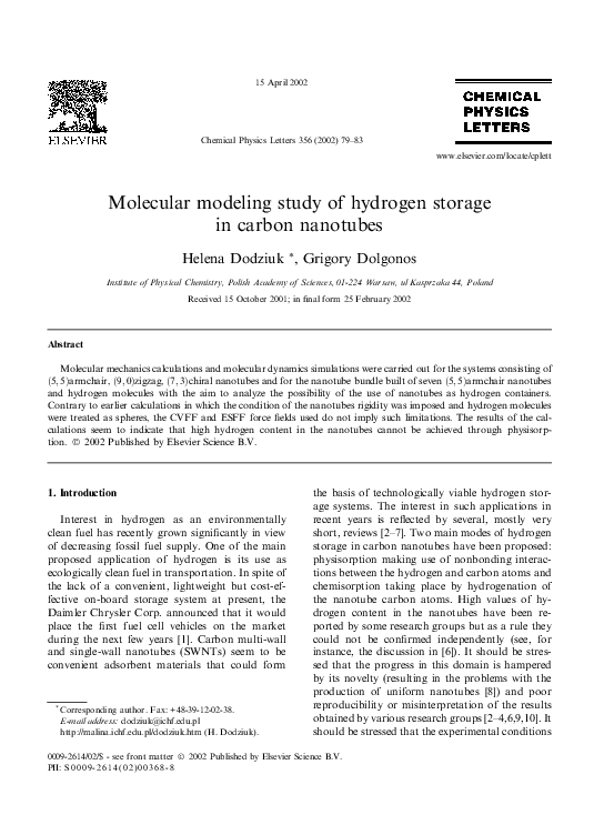(PDF) Molecular modeling study of hydrogen storage in carbon nanotubes