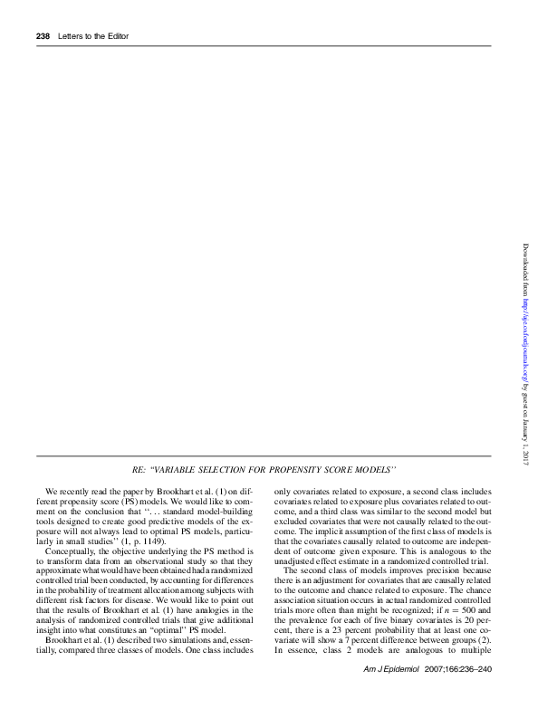 (PDF) Re: variable selection for propensity score models