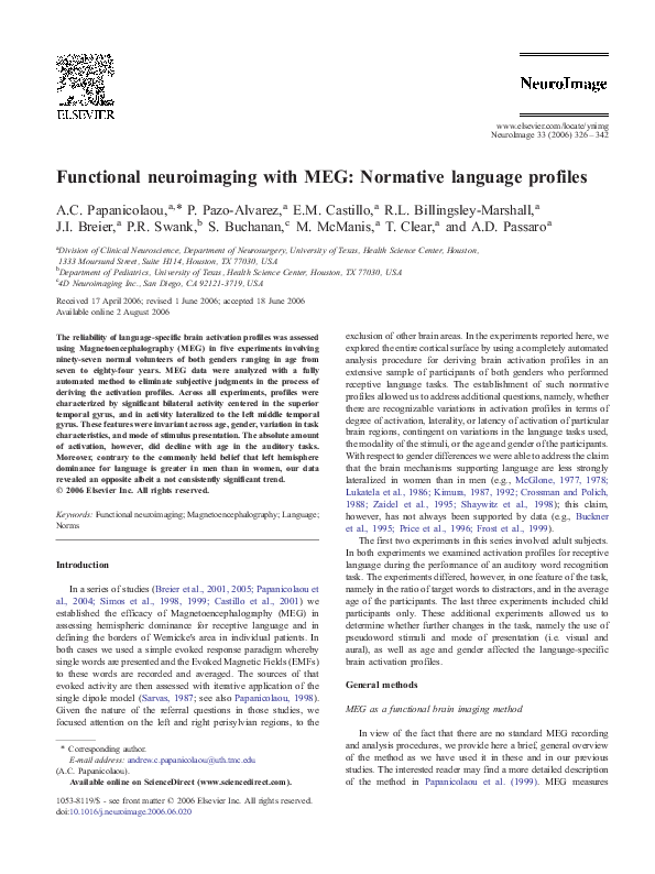 (PDF) Functional neuroimaging with MEG: normative language profiles