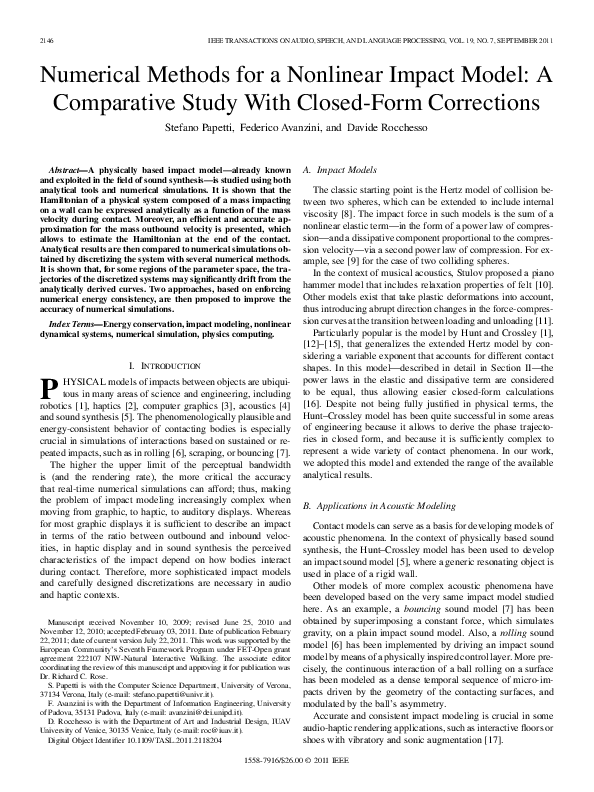 (PDF) Numerical Methods for a Non-Linear Impact Model: a Comparative ...