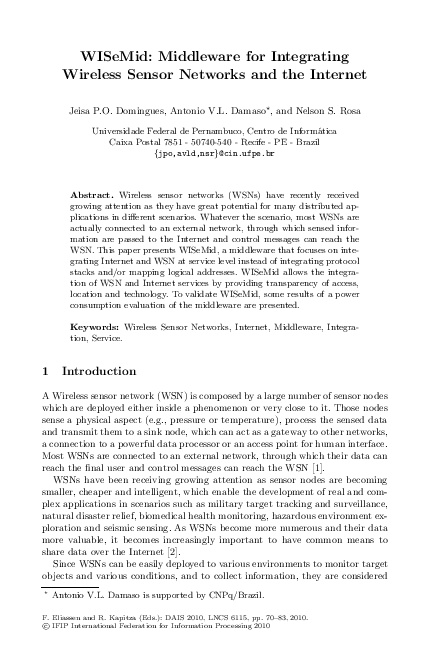 (PDF) WISeMid: middleware for integrating wireless sensor networks and the internet