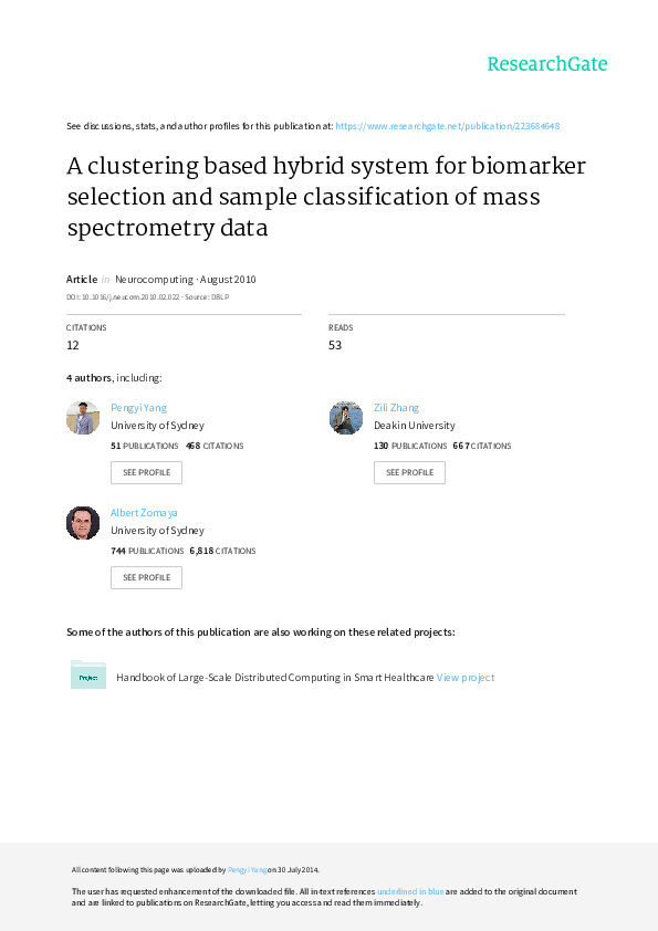(PDF) A clustering based hybrid system for biomarker selection and sample classification of mass ...