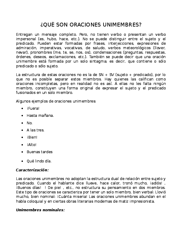 (DOC) QUÉ SON ORACIONES UNIMEMBRES