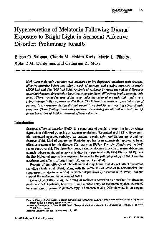 (PDF) Hypersecretion of melatonin following diurnal exposure to bright ...