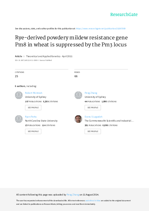 (PDF) Rye-derived powdery mildew resistance gene Pm8 in wheat is suppressed by the Pm3 locus