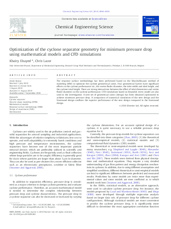 (PDF) Optimization of the cyclone separator geometry for minimum pressure drop using ...