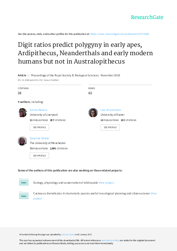(PDF) Digit ratios predict polygyny in early apes, Ardipithecus ...