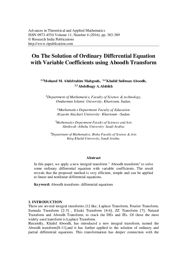 Pdf On The Solution Of Ordinary Differential Equation With Variable Coefficients Using Aboodh