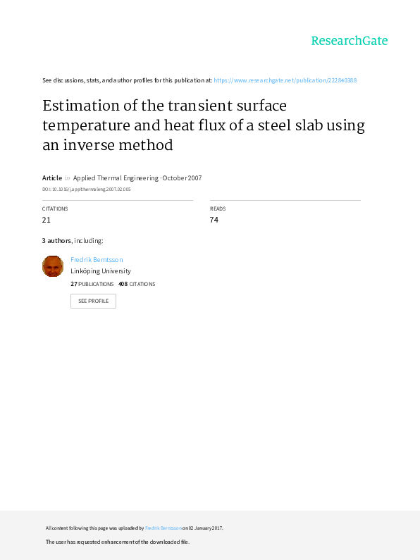 (PDF) Estimation of the transient surface temperature and heat flux of a steel slab using an ...