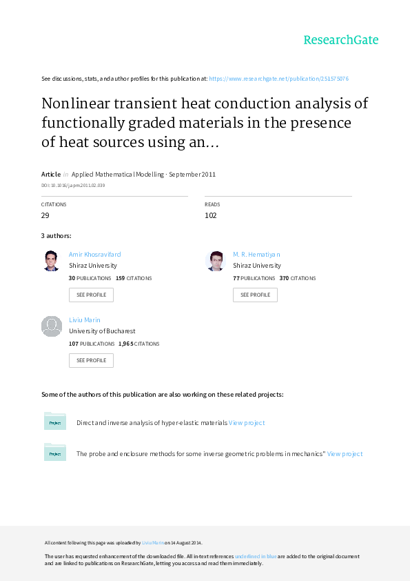 Pdf Nonlinear Transient Heat Conduction Analysis Of Functionally Graded Materials In The