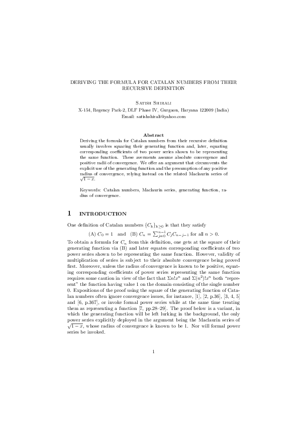 (PDF) DERIVING THE FORMULA FOR CATALAN NUMBERS FROM THEIR RECURSIVE ...