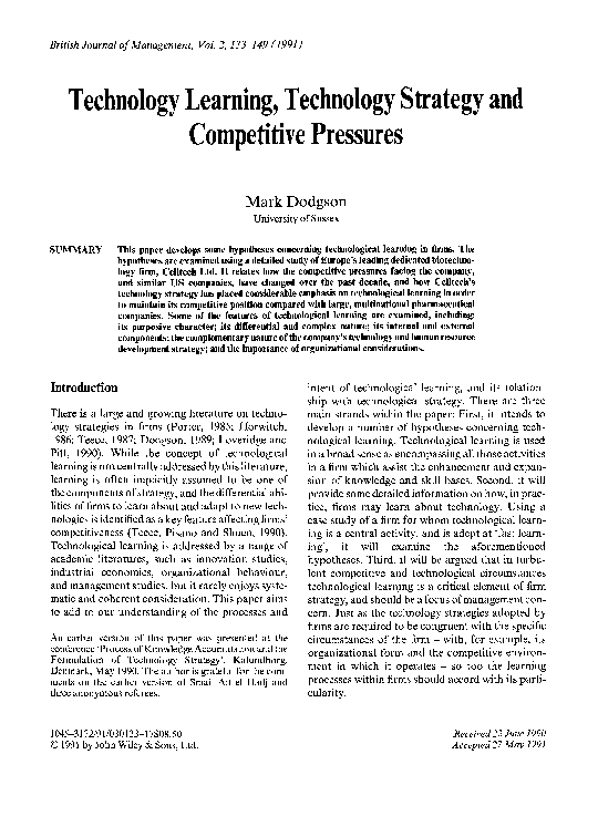 (PDF) Technology learning, technology strategy and competitive pressures