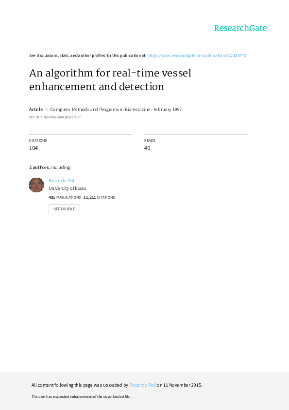 Pdf An Algorithm For Real Time Vessel Enhancement And Detection
