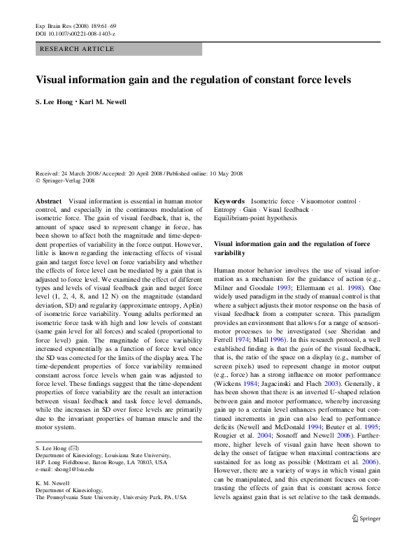 (PDF) Visual information gain and the regulation of constant force levels