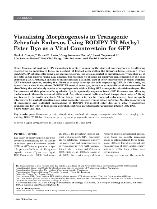 (PDF) Visualizing morphogenesis in transgenic zebrafish embryos using ...