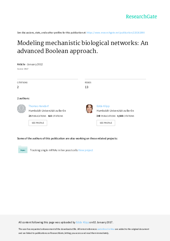 (PDF) Modeling mechanistic biological networks: An advanced Boolean approach