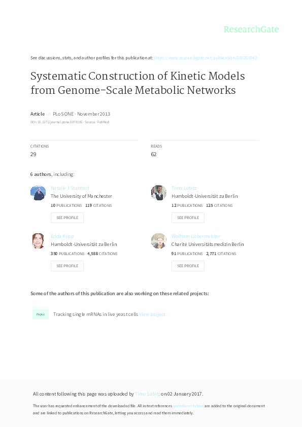(PDF) Systematic Construction of Kinetic Models from Genome-Scale Metabolic Networks