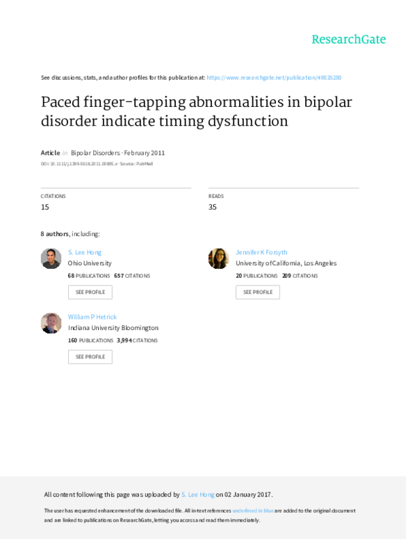 (PDF) Paced finger‐tapping abnormalities in bipolar disorder indicate timing dysfunction