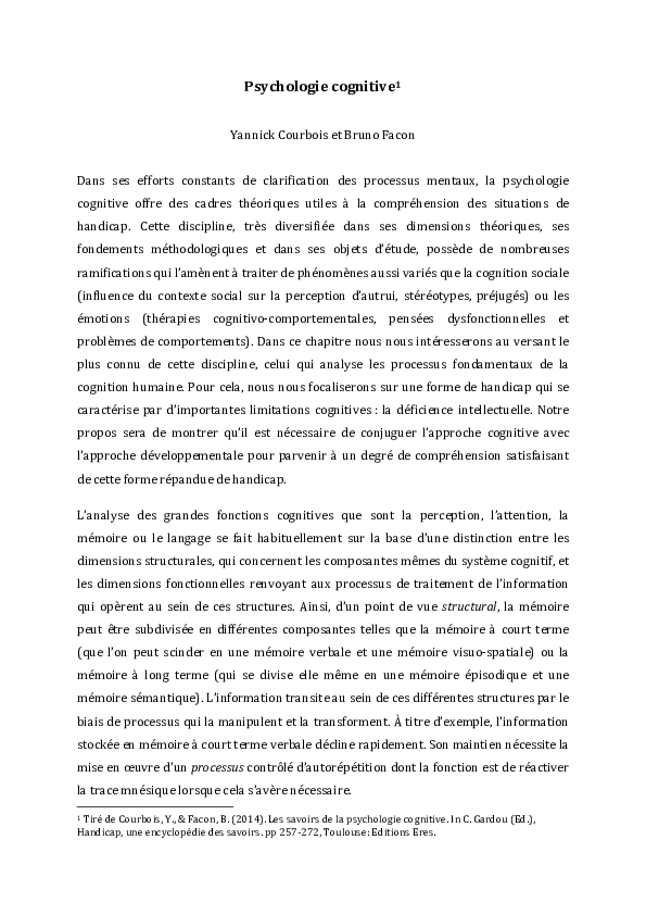(PDF) 15. Les savoirs de la psychologie cognitive