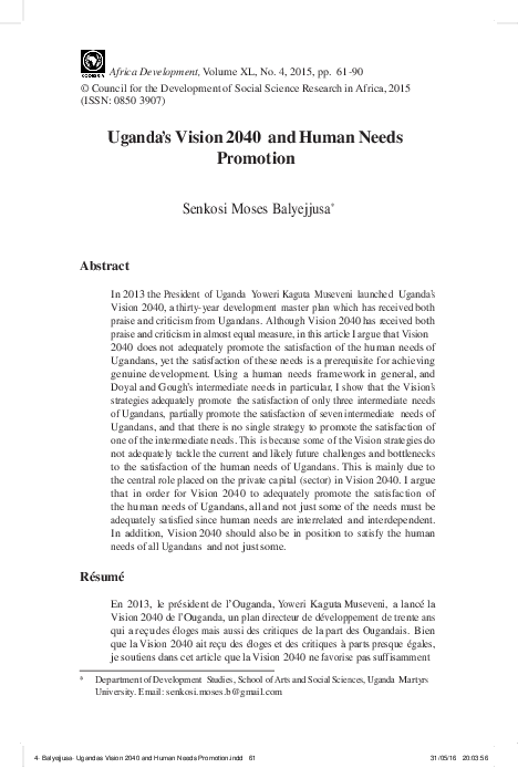 (PDF) Uganda's Vision 2040 and Human Needs Promotion