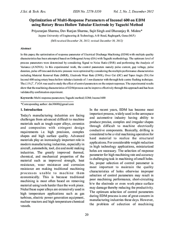 (PDF) Optimization of Multi-Response Parameters of Inconel 600 on EDM using Rotary Brass Hollow ...