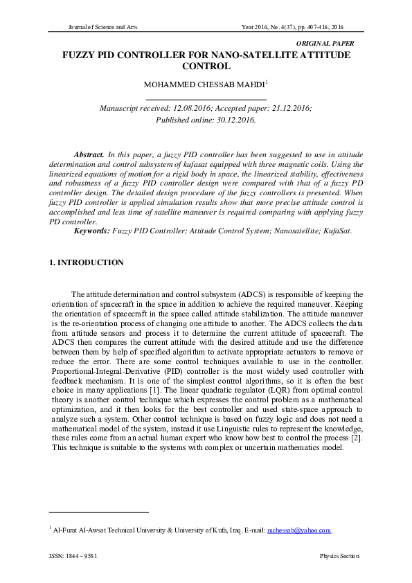 Pdf Fuzzy Pid Controller For Nano Satellite Attitude Control