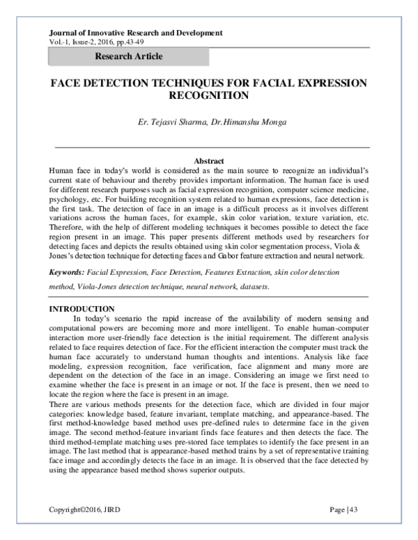 (PDF) FACE DETECTION TECHNIQUES FOR FACIAL EXPRESSION RECOGNITION