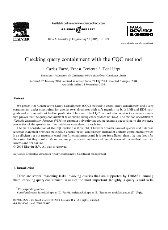 (PDF) Checking query containment with the CQC method