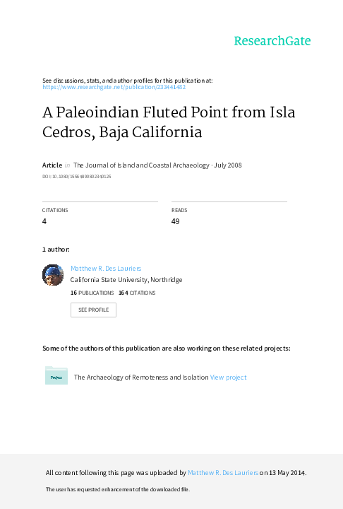(PDF) A Paleoindian Fluted Point from Isla Cedros, Baja California