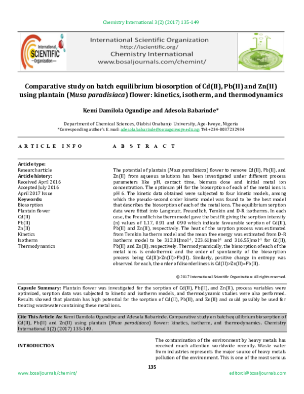 (PDF) Comparative study on batch equilibrium biosorption of Cd(II), Pb(II) and Zn(II) using ...