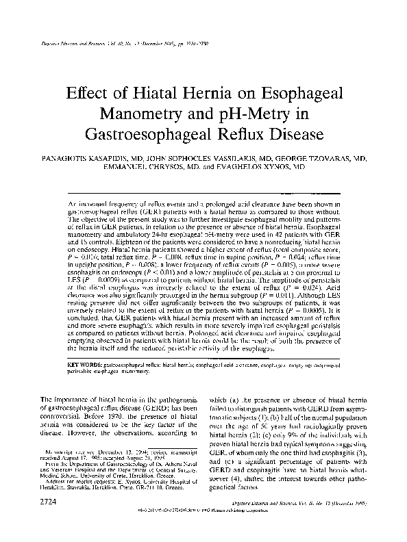(PDF) Effect of hiatal hernia on esophageal manometry and pH-metry in ...