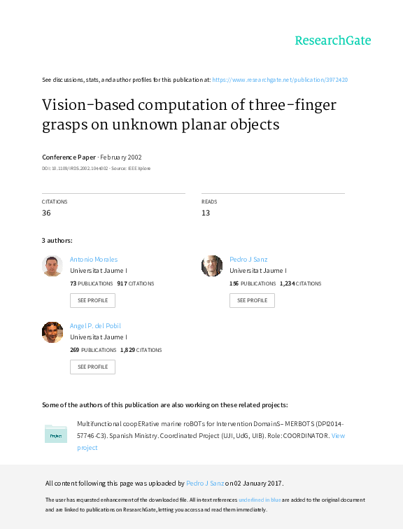 Pdf Vision Based Computation Of Three Finger Grasps On Unknown Planar Objects