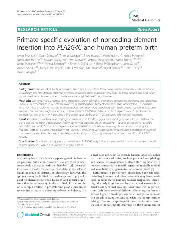 (PDF) Primate-specific evolution of noncoding element insertion into PLA2G4C and human preterm birth