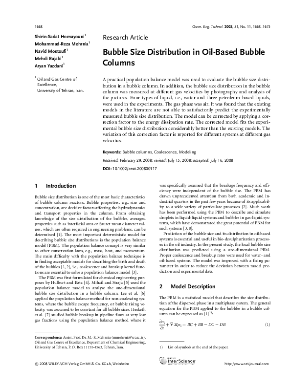 (PDF) Bubble Size Distribution in Oil‐Based Bubble Columns