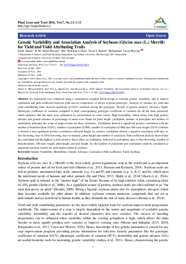 (PDF) Genetic Variability and Association Analysis of Soybean (Glycine max (L.) Merrill) for ...