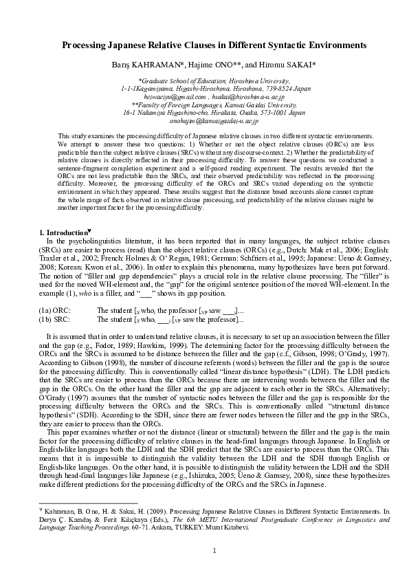 (PDF) Processing Japanese Relative Clauses in Different Syntactic Environments