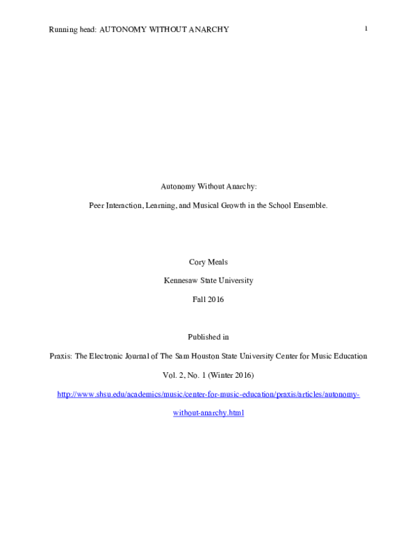 (PDF) Autonomy Without Anarchy: Peer Interaction, Learning, and Musical ...