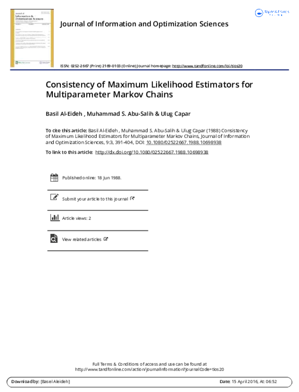 Pdf Consistency Of Maximum Likelihood Estimators For Multiparameter Markov Chains