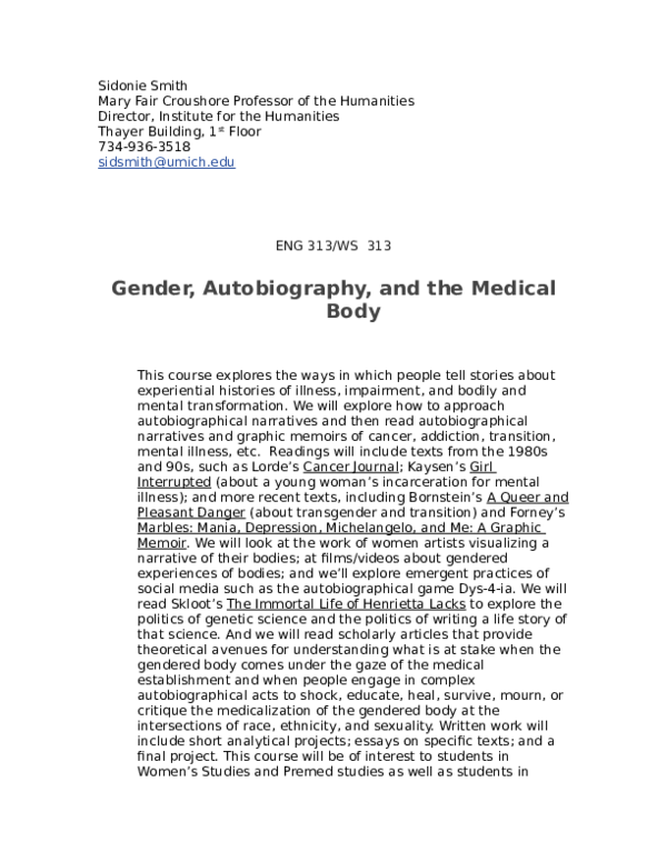 (DOC) Gender, Autobiography, and the Medical Body Syllabus