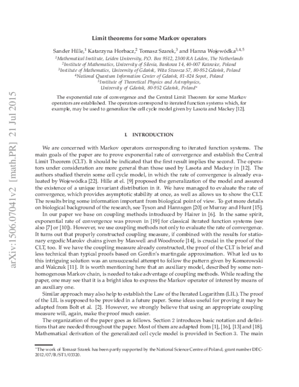 (PDF) Limit theorems for some Markov chains