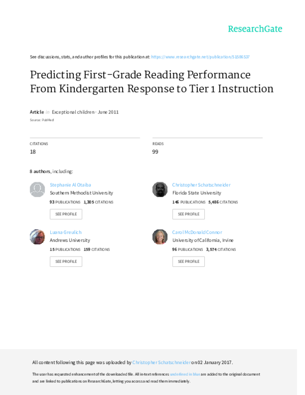 (PDF) Predicting First-Grade Reading Performance From Kindergarten ...