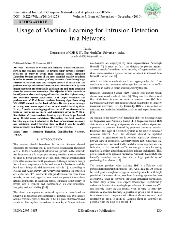 Pdf Usage Of Machine Learning For Intrusion Detection In A Network International Journal Of
