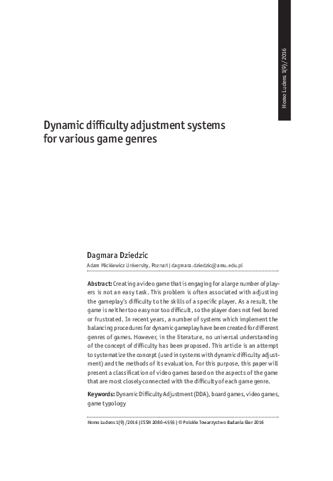 (PDF) Dynamic difficulty adjustment systems for various game genres