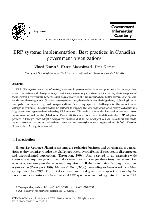 (PDF) ERP systems implementation: best practices in Canadian government organizations