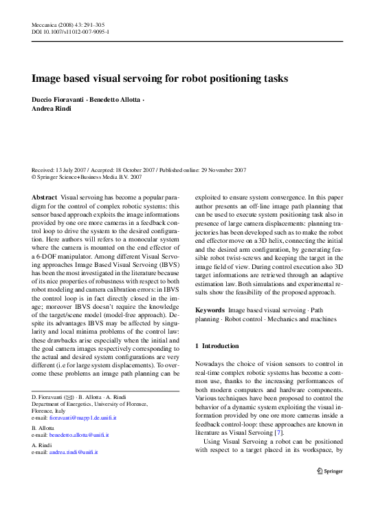 Pdf Image Based Visual Servoing For Robot Positioning Tasks