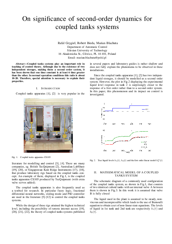 (PDF) On significance of second-order dynamics for coupled tanks systems