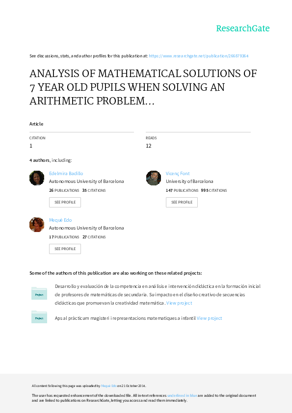 (PDF) ANALYSIS OF MATHEMATICAL SOLUTIONS OF 7 YEAR OLD PUPILS WHEN ...