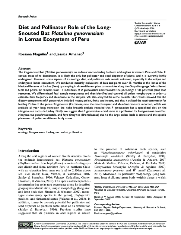 (PDF) Diet and Pollinator Role of the Long- Snouted Bat Platalina ...