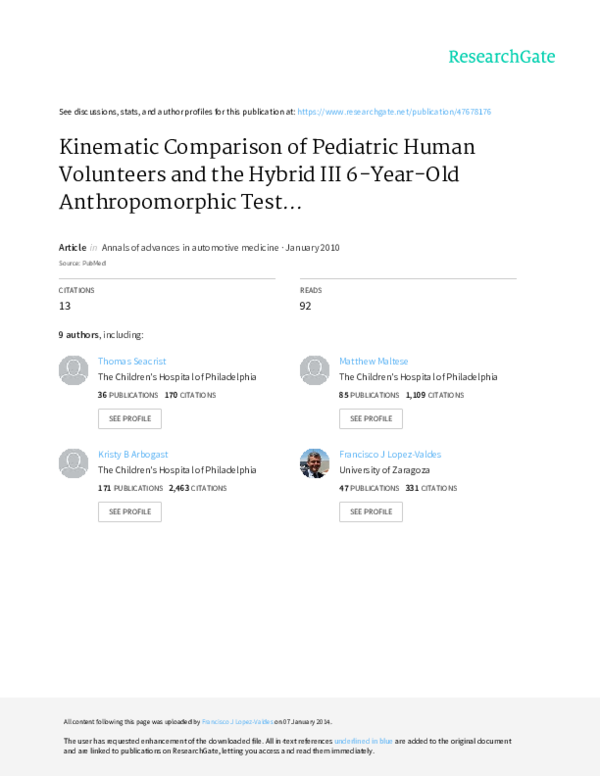(PDF) Kinematic Comparison of Pediatric Human Volunteers and the Hybrid ...